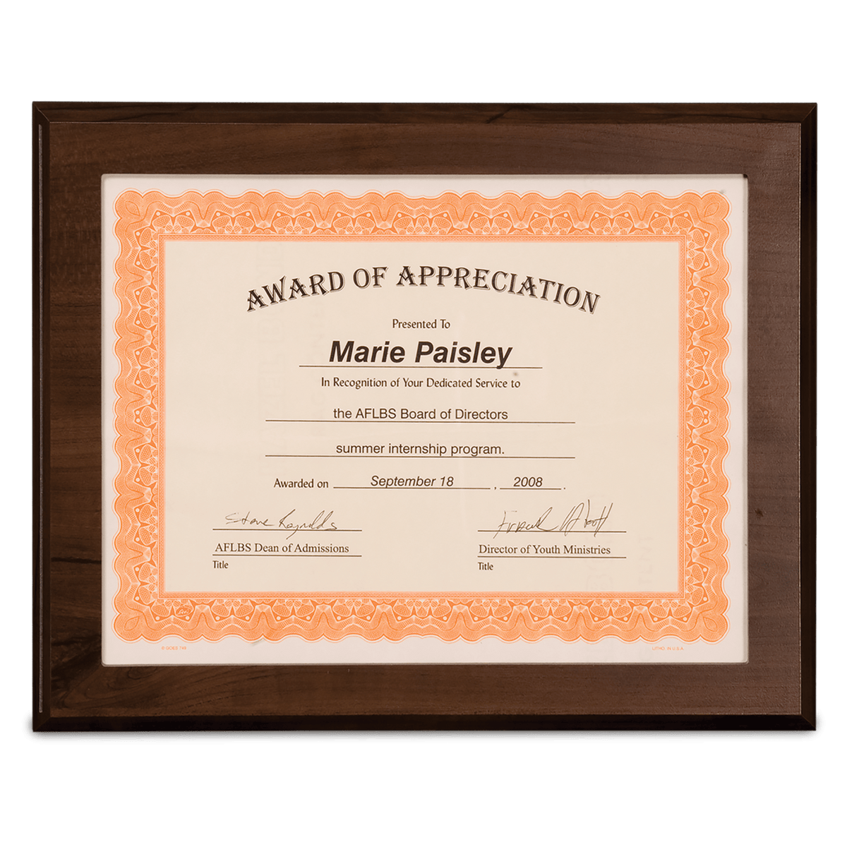 cherry finish plaque - Cherry Finish Plaque with Slide-In Certificate ...